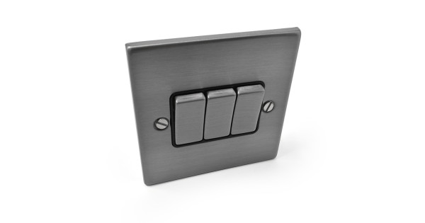 3 Gang 2 Way Light Switch Black Insert Brushed Stainless Steel